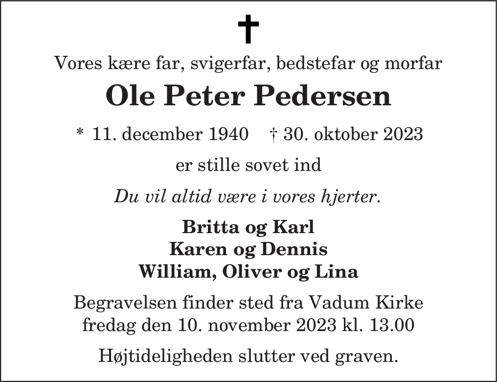 Dødsannonce for Ole Peter Pedersen | Nordjyske.dk