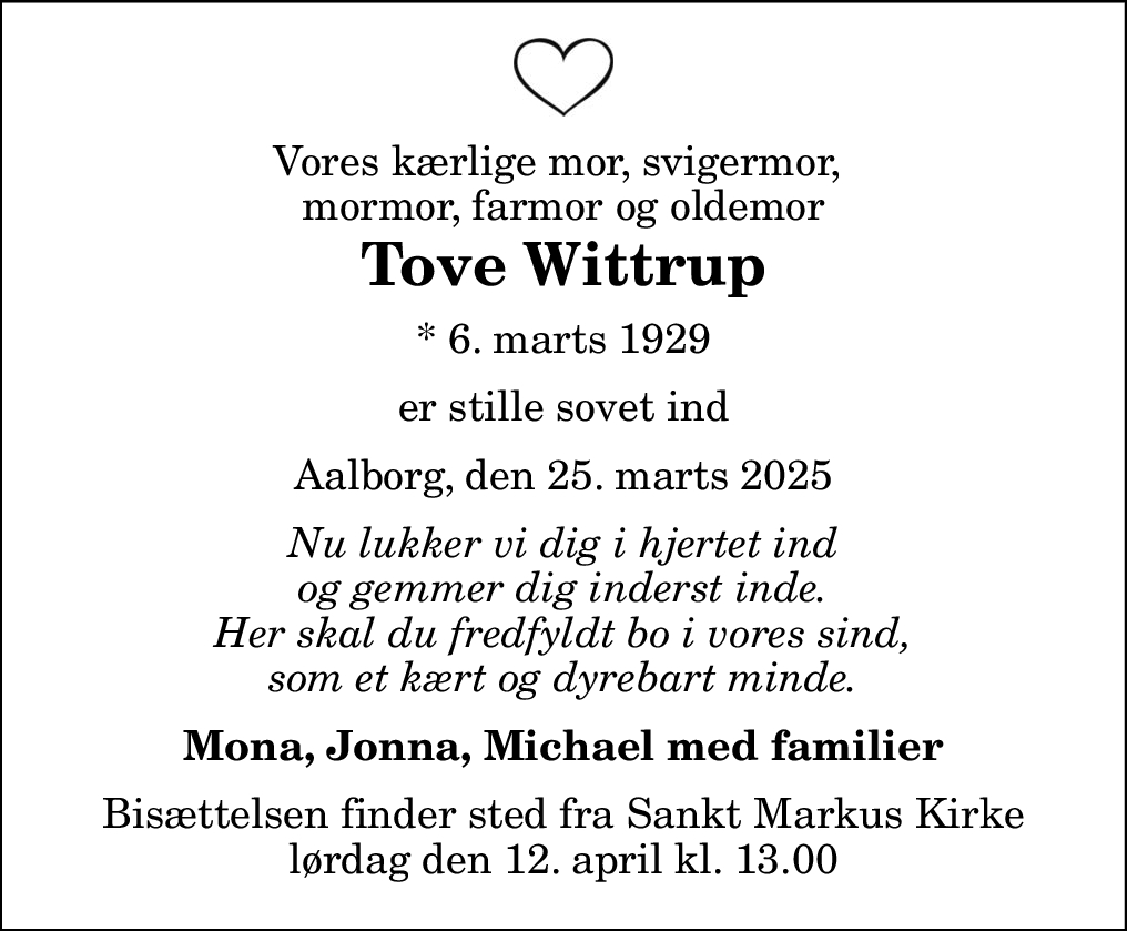 Dødsannonce for Tove Holt Wittrup | Nordjyske.dk