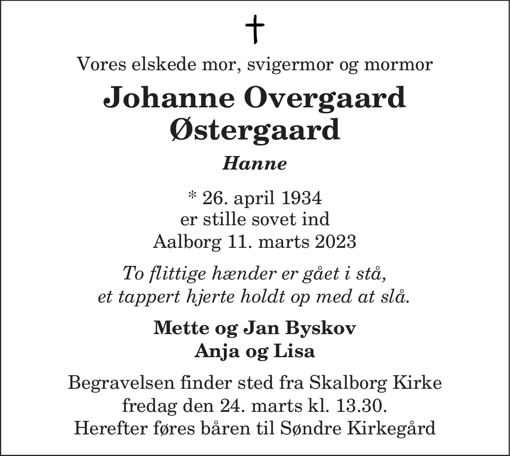 Dødsannonce for Johanne Overgaard Østergaard | Nordjyske.dk
