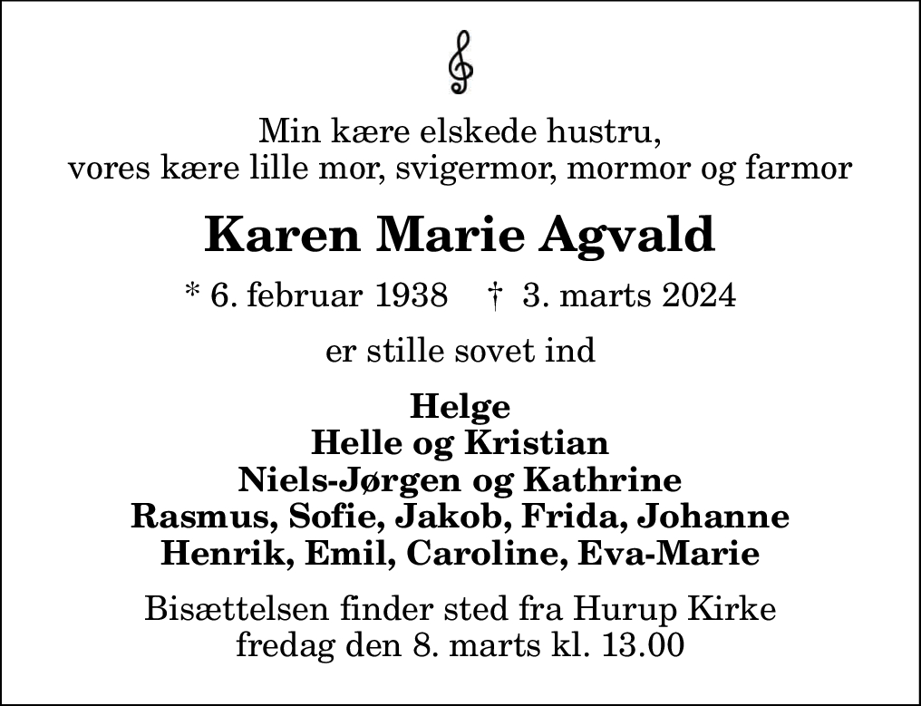 Dødsannonce for Karen Marie Agvald | Nordjyske.dk
