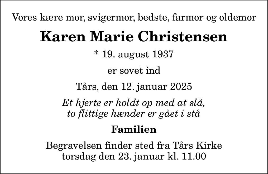 Dødsannonce for Karen Marie Christensen | Nordjyske.dk