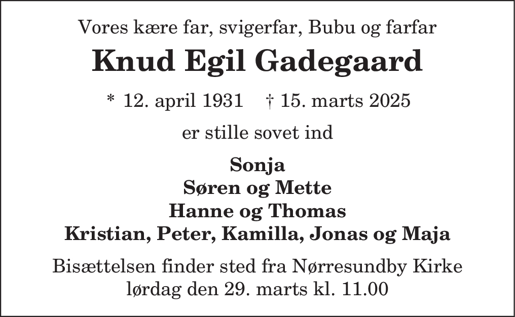 Dødsannonce for Knud Egil Gadegaard | Nordjyske.dk