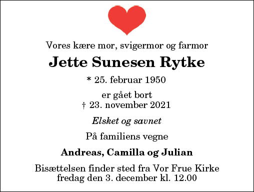 Dødsannonce for Jette Sunesen Rytke | Nordjyske.dk