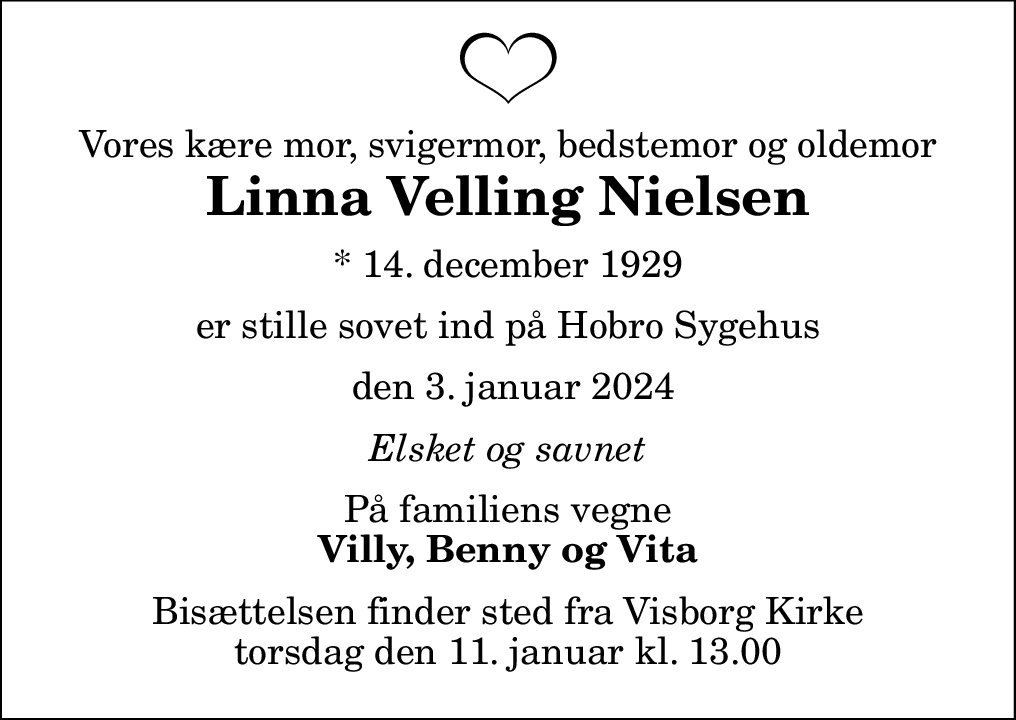 Dødsannonce for Linna Velling Nielsen | Nordjyske.dk