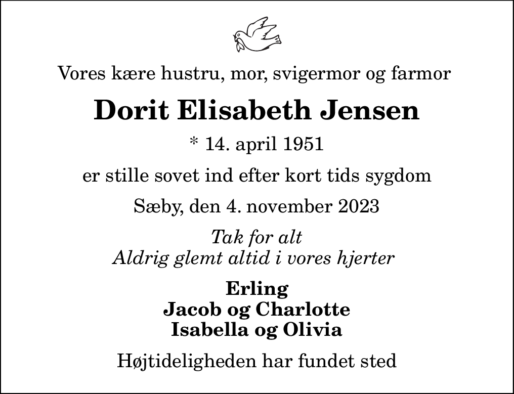 Dødsannonce for Dorit Elisabeth Jensen | Nordjyske.dk Dødsannonce for Dorit Elisabeth Jensen | Nordjyske.dk
