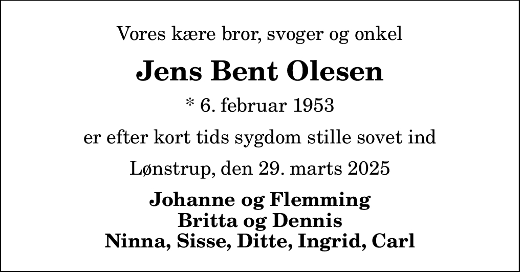 Dødsannonce for Jens Bent Olesen | Nordjyske.dk