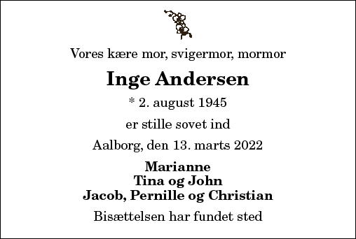 Dødsannonce for Inge Andersen | Nordjyske.dk