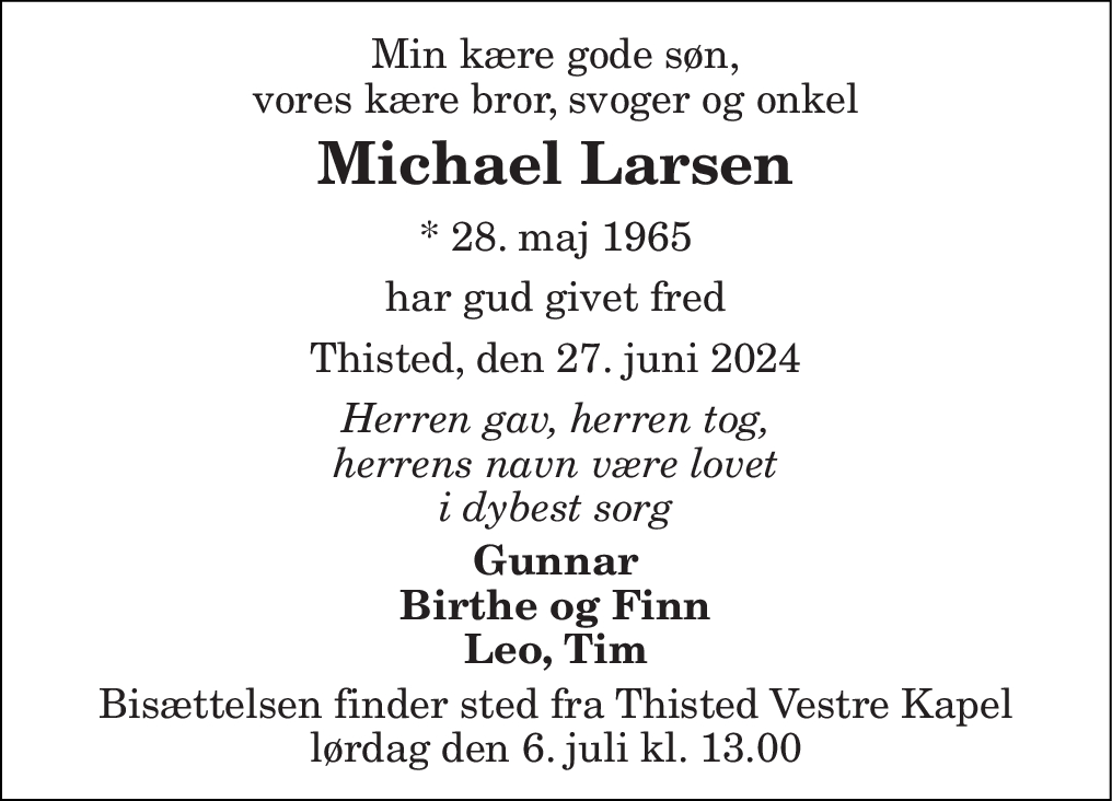 Dødsannonce for Michael Larsen | Nordjyske.dk