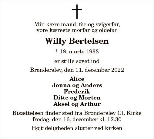 Dødsannonce for Willy Bertelsen | Nordjyske.dk