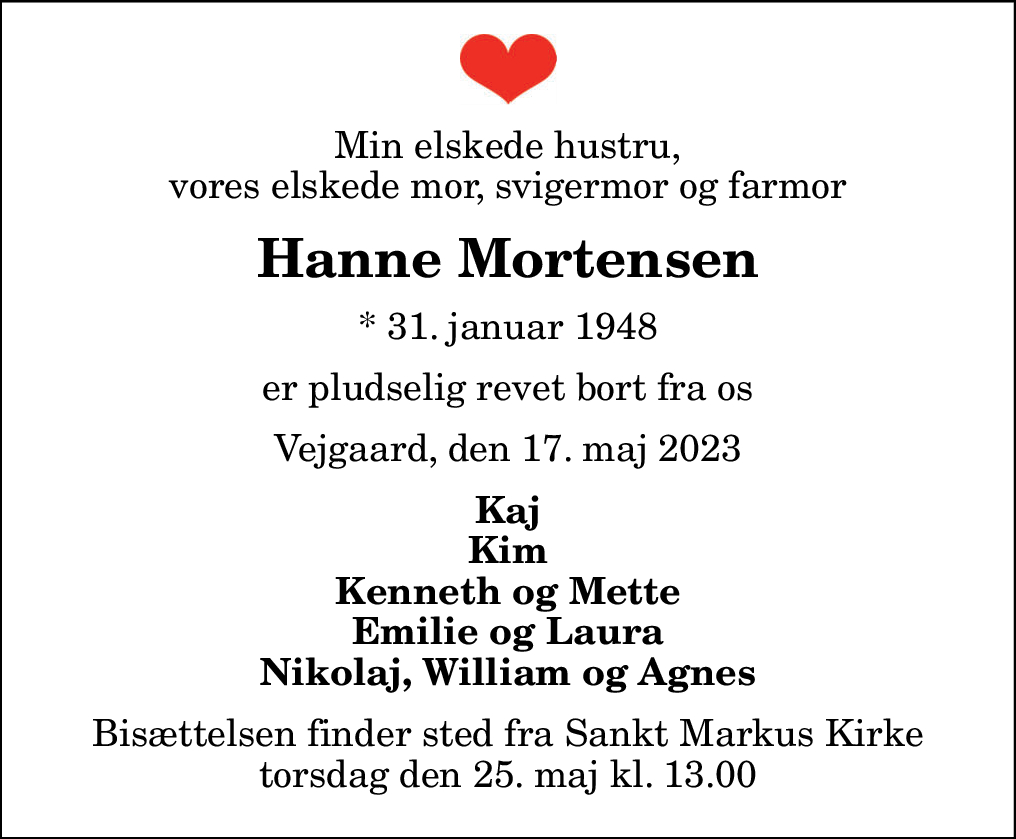 Dødsannonce for Hanne Mortensen | Nordjyske.dk