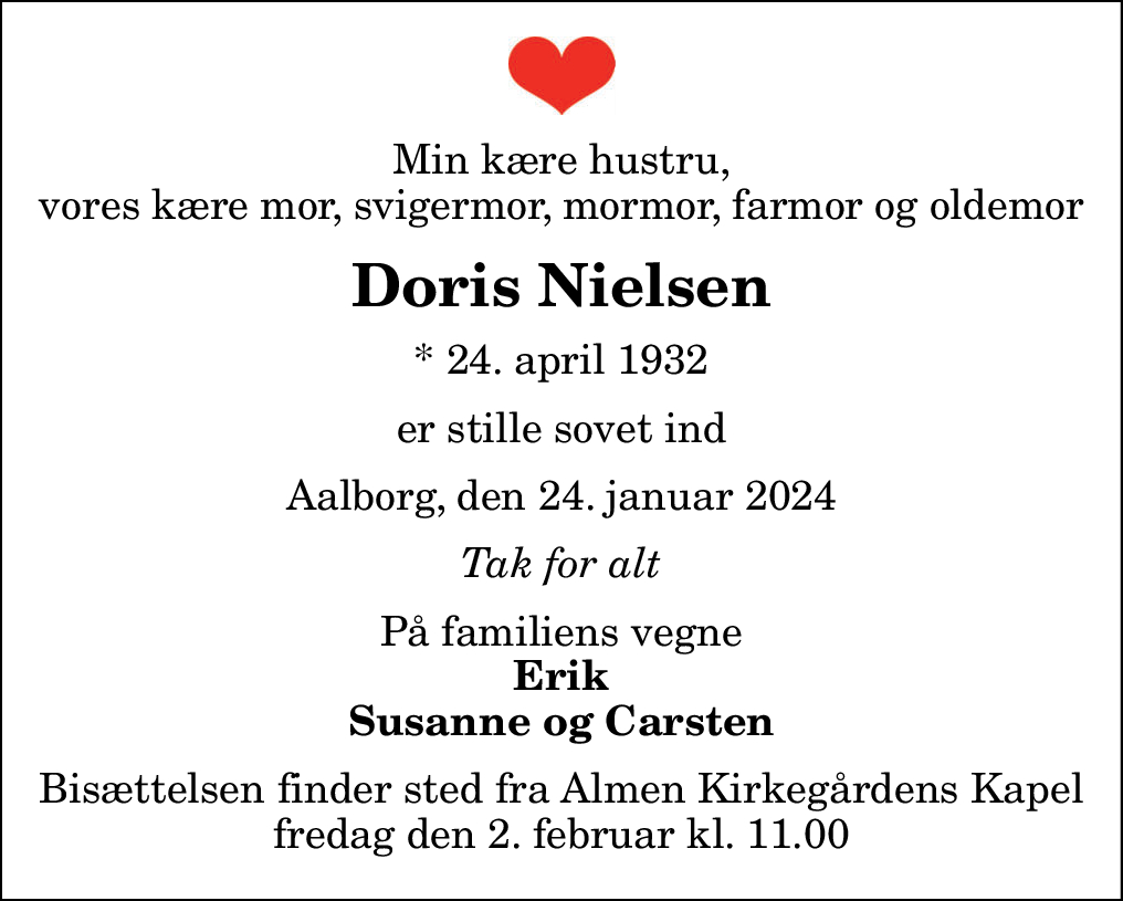 Dødsannonce for Doris Nielsen | Nordjyske.dk