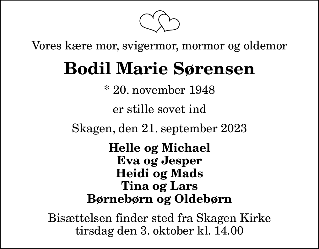 Dødsannonce for Bodil Marie Sørensen | Nordjyske.dk