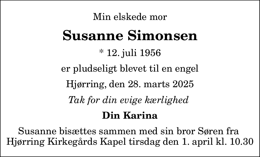 Dødsannonce for Susanne Simonsen | Nordjyske.dk