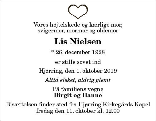 Dødsannonce for Lis Nielsen | Nordjyske.dk