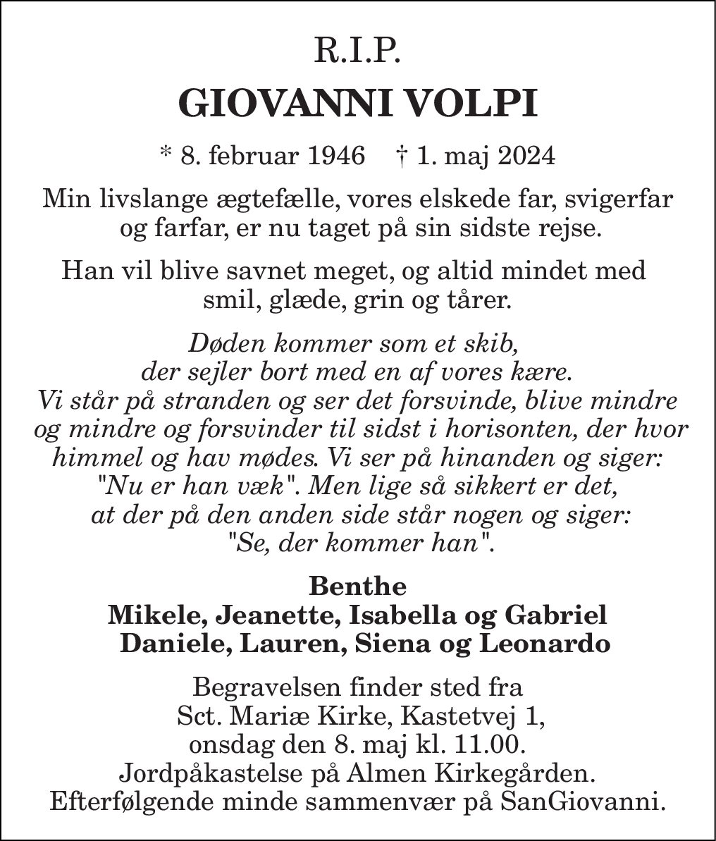 Dødsannonce for Giovanni Volpi | Nordjyske.dk