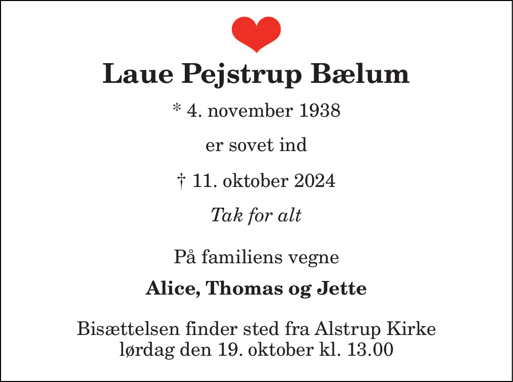 Dødsannonce for Laue Pejstrup Bælum | Nordjyske.dk