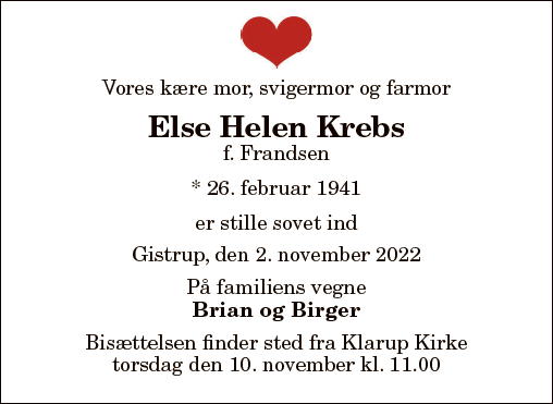 Dødsannonce for Else Helen Krebs | Nordjyske.dk