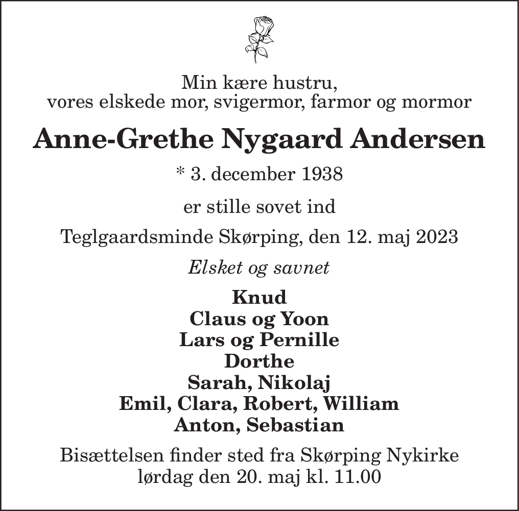 Dødsannonce for Anne-Grethe Nygaard Andersen | Nordjyske.dk