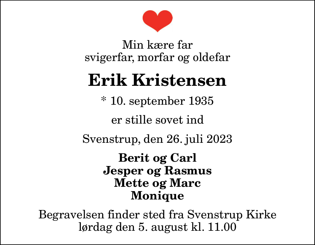 Dødsannonce for Erik Kristensen | Nordjyske.dk