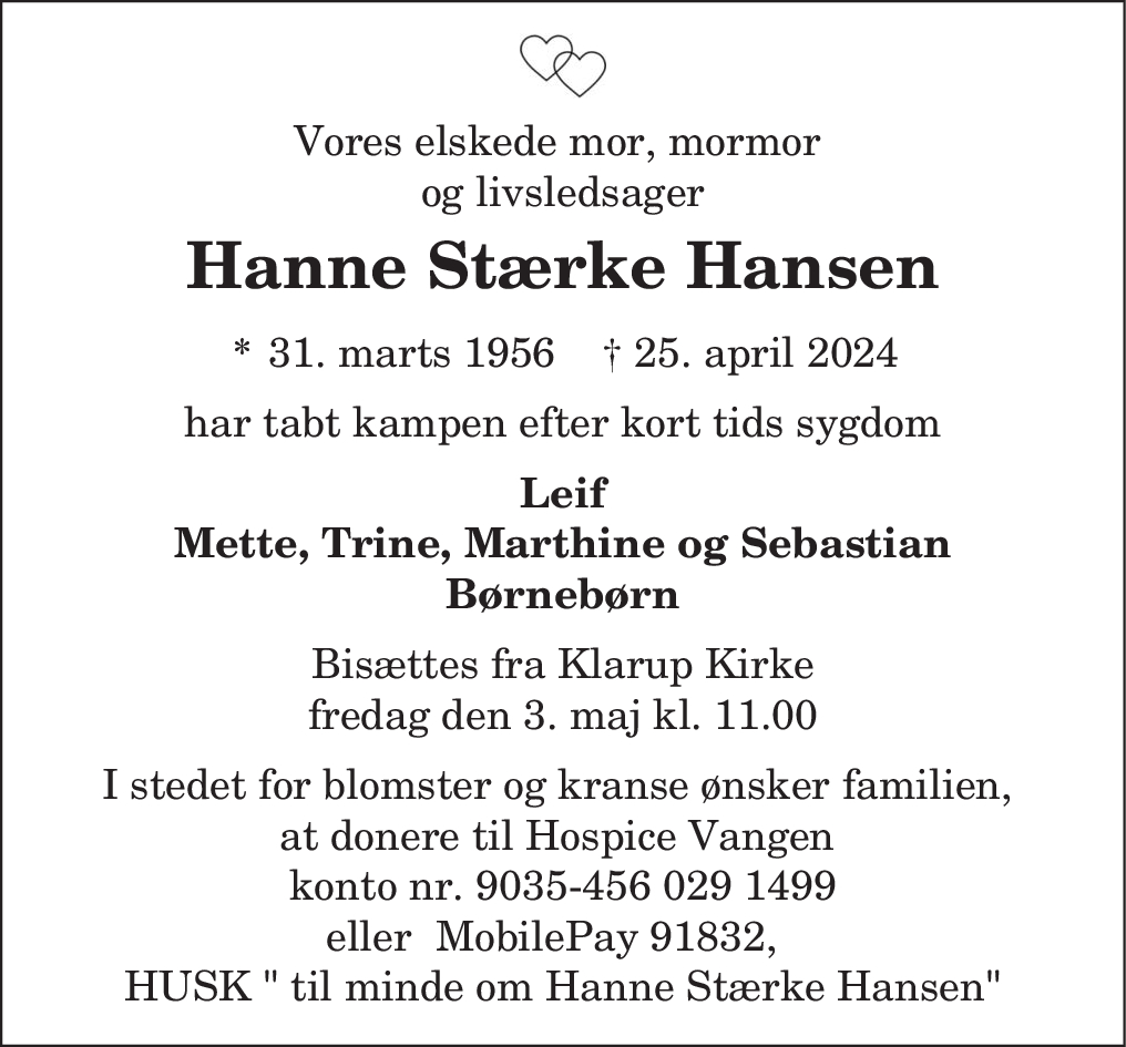 Dødsannonce for Hanne Hansen | Nordjyske.dk