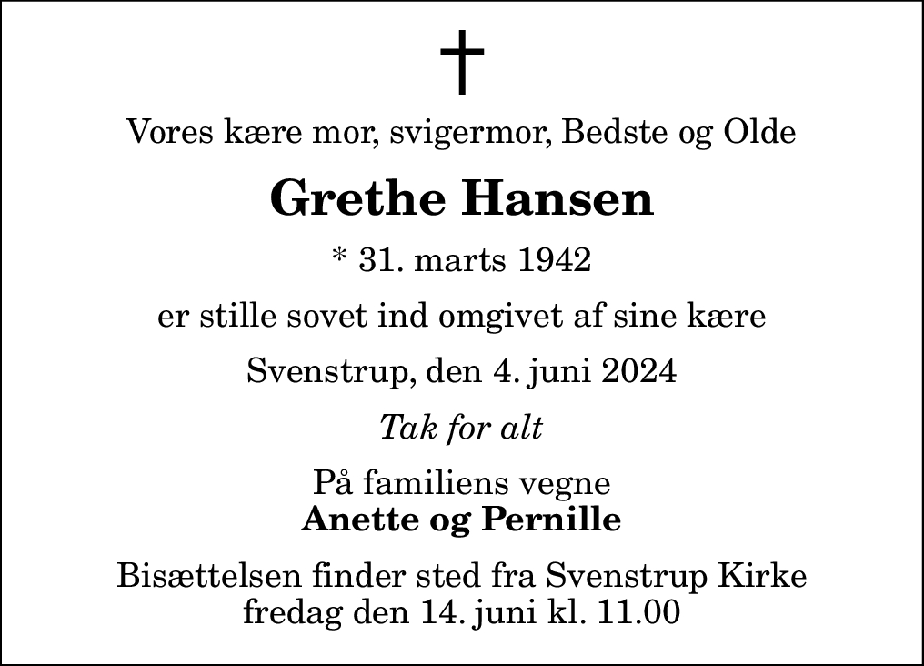 Dødsannonce for Grethe Hansen | Nordjyske.dk