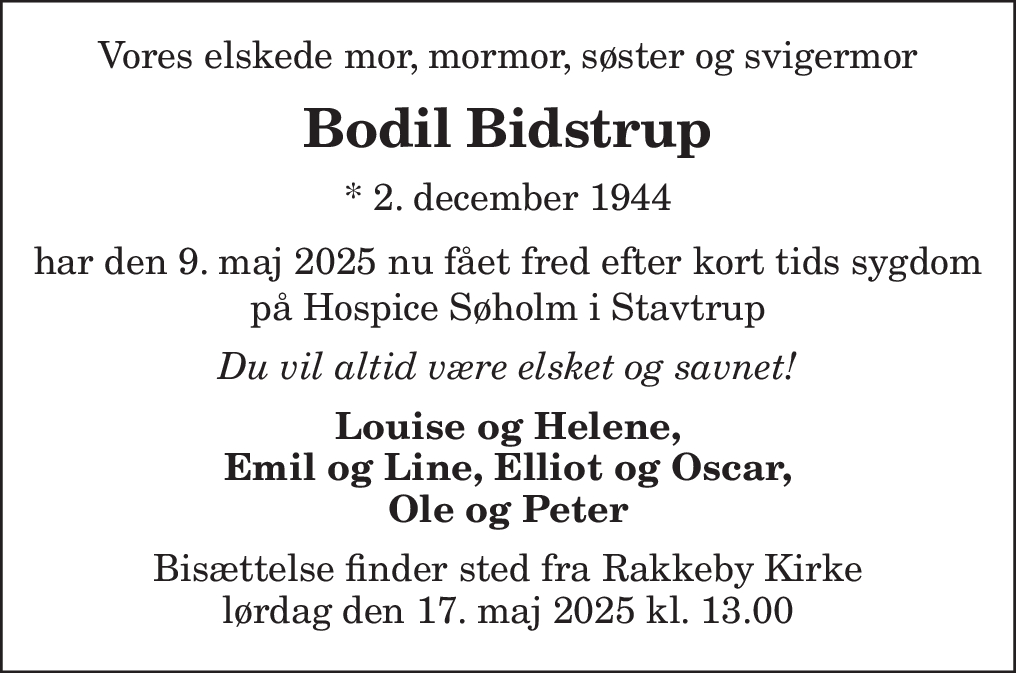 Dødsannonce for Bodil Bidstrup | Nordjyske.dk