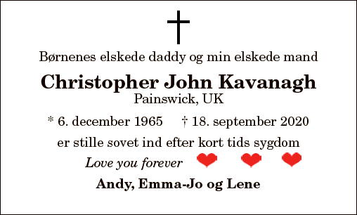Dødsannonce for Christopher John Kavanagh | Nordjyske.dk