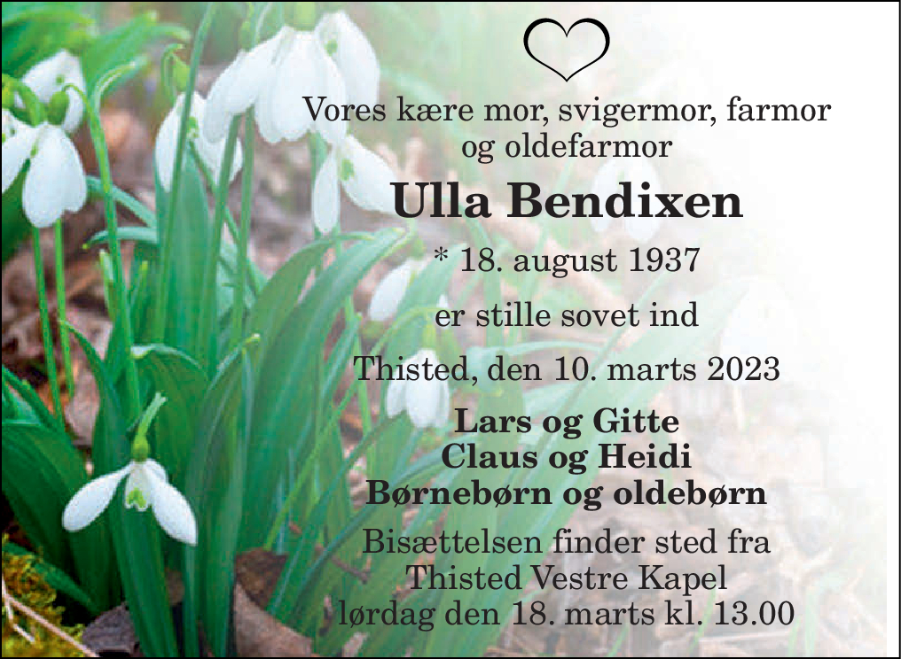 Dødsannonce for Ulla Bendixen | Nordjyske.dk