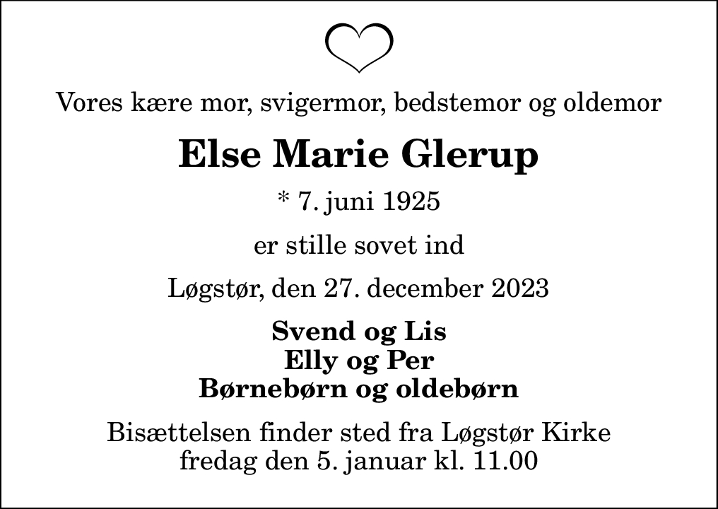 Dødsannonce for Else Marie Glerup | Nordjyske.dk