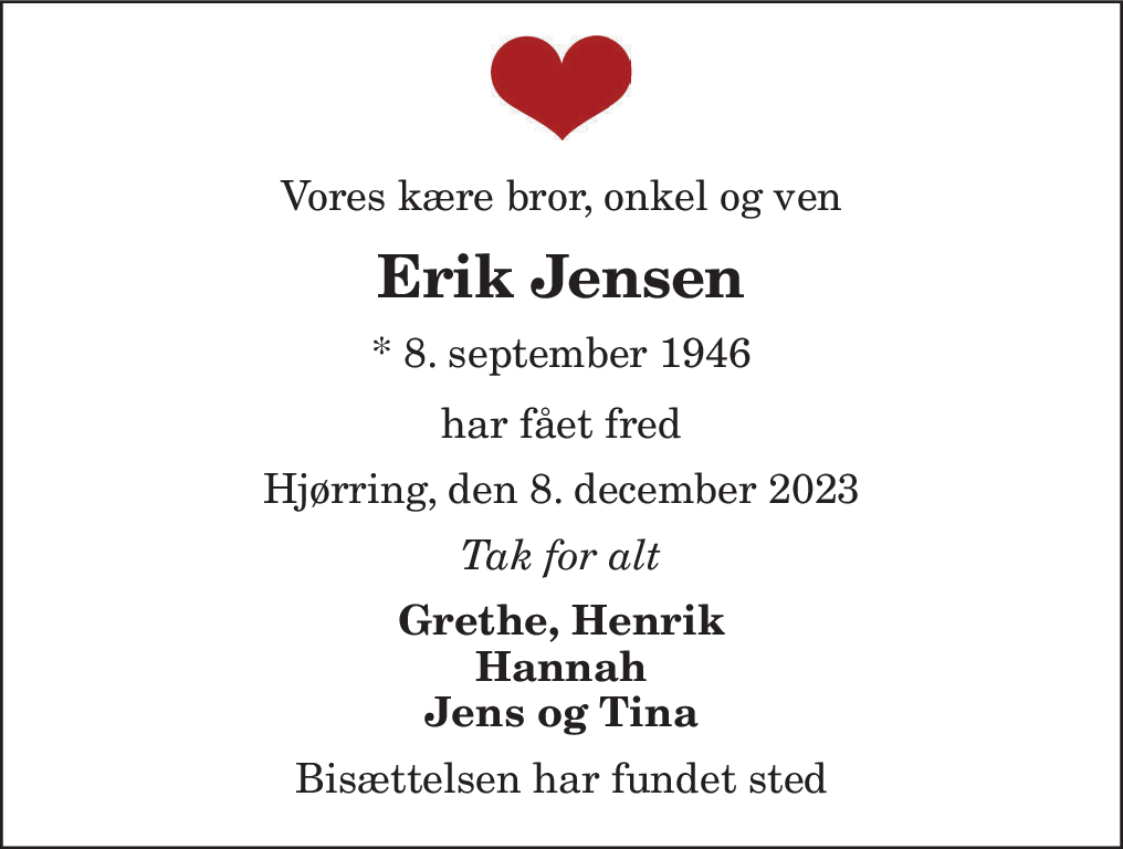 Dødsannonce for Erik Jensen | Nordjyske.dk