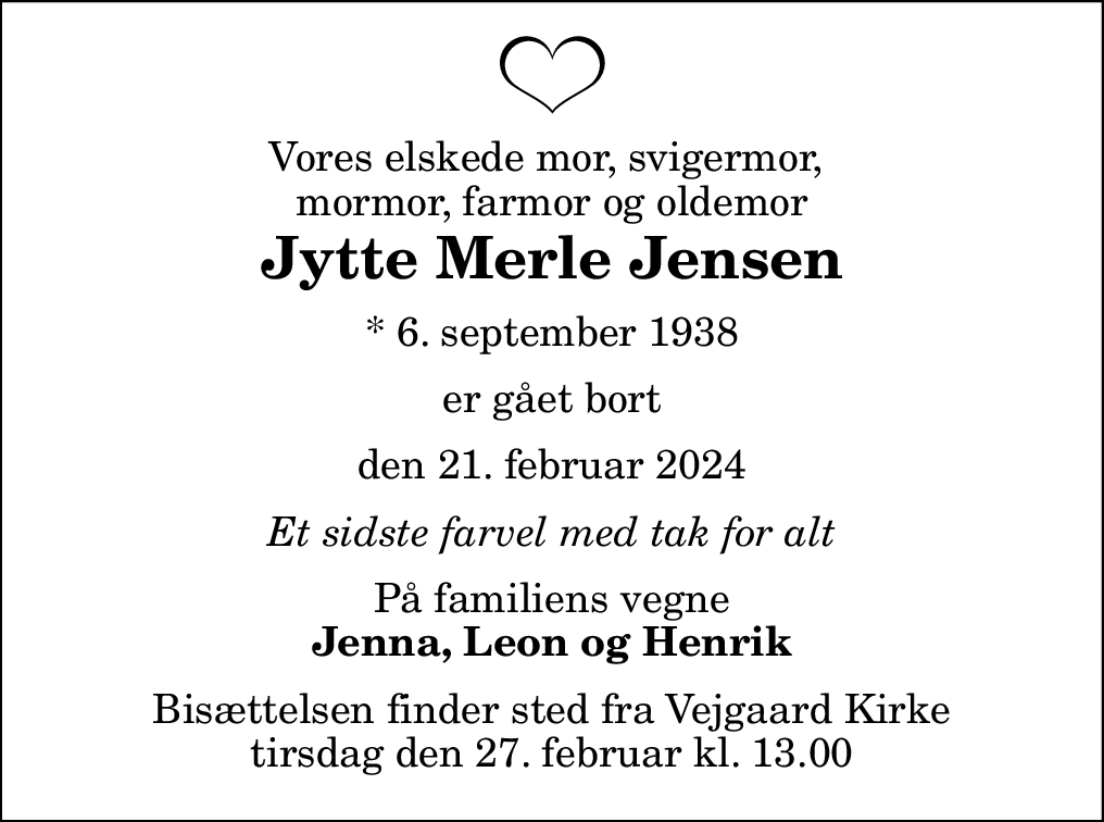 Dødsannonce for Jytte Merle Jensen | Nordjyske.dk