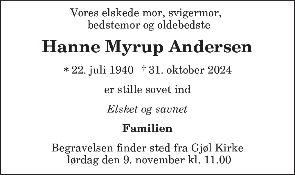 Dødsannonce for Hanne Myrup Andersen | Nordjyske.dk