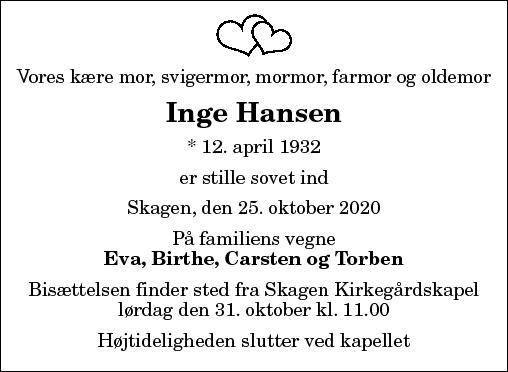 Dødsannonce for Inge Hansen | Nordjyske.dk