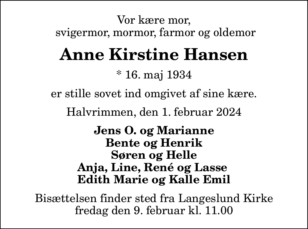 Dødsannonce for Anne Kirstine Hansen | Nordjyske.dk