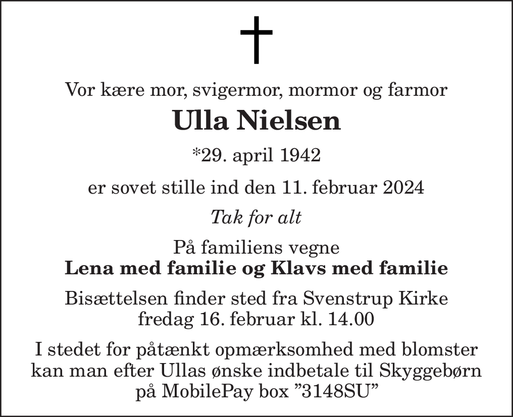 Dødsannonce for Ulla Nielsen | Nordjyske.dk