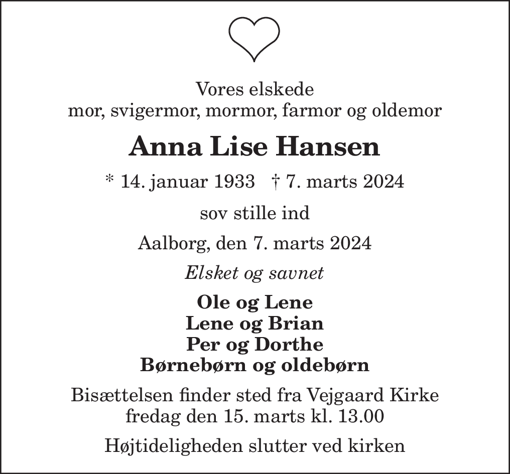 Dødsannonce for Anna Lise Hansen | Nordjyske.dk