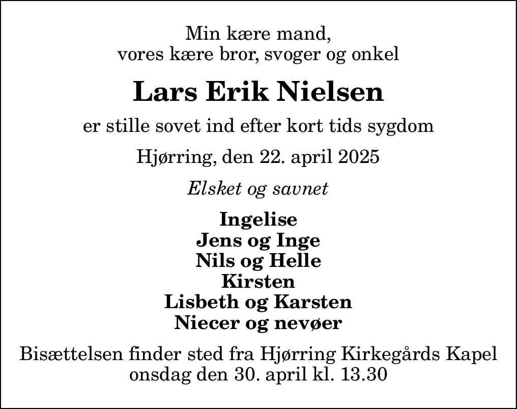 Dødsannonce for Lars Erik Nielsen | Nordjyske.dk