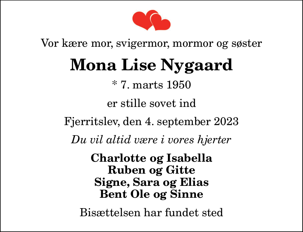 Dødsannonce for Mona Lise Nygaard | Nordjyske.dk