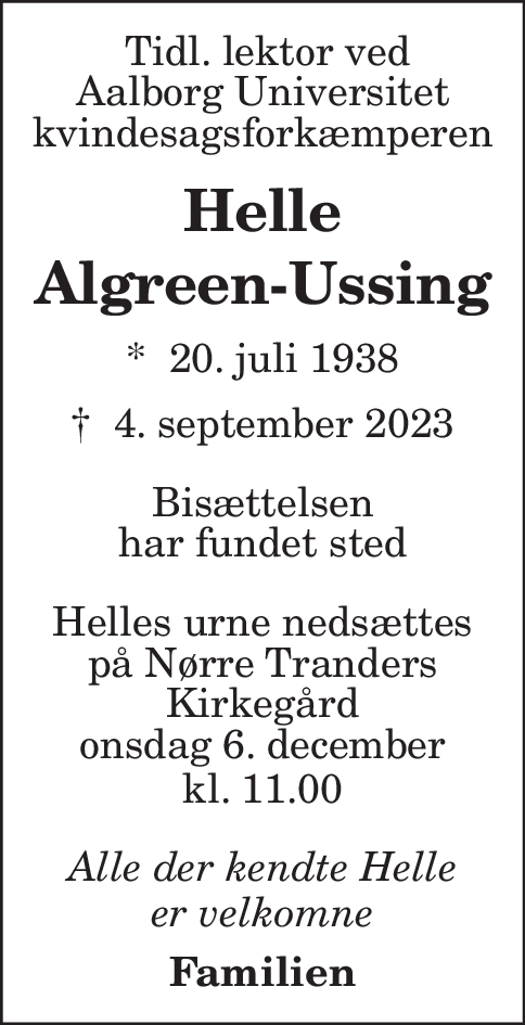 Dødsannonce for Helle Algreen-Ussing | Nordjyske.dk