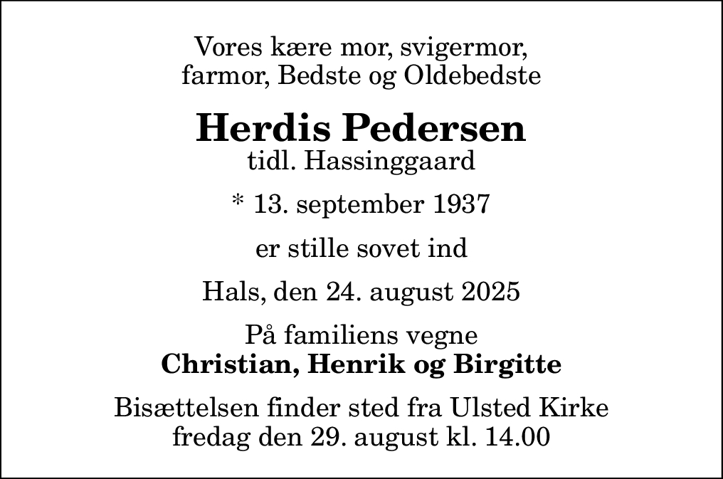 Dødsannonce for Herdis Larsen Pedersen | Nordjyske.dk