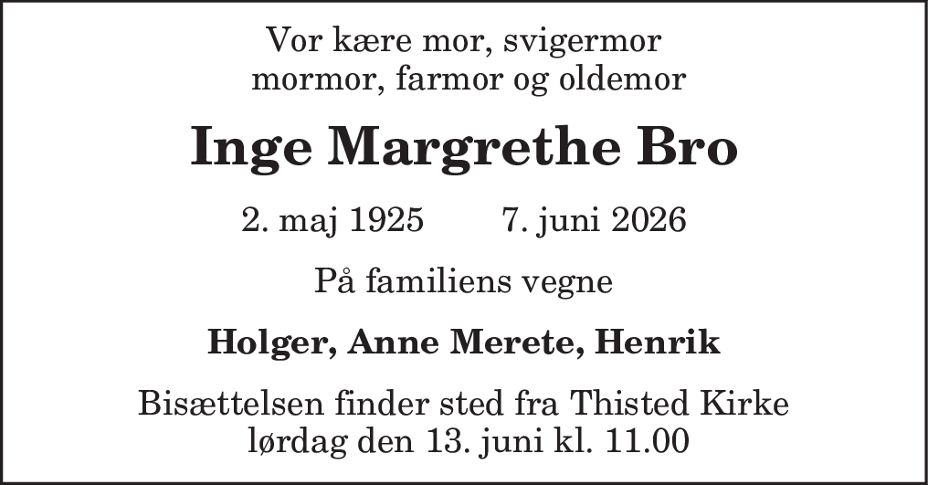 Dødsannonce for Margrethe Bro | Nordjyske.dk