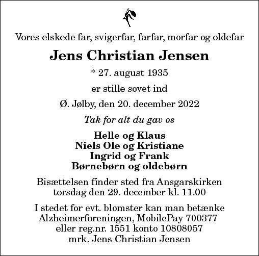 Dødsannonce for Jens Christian Jensen | Nordjyske.dk