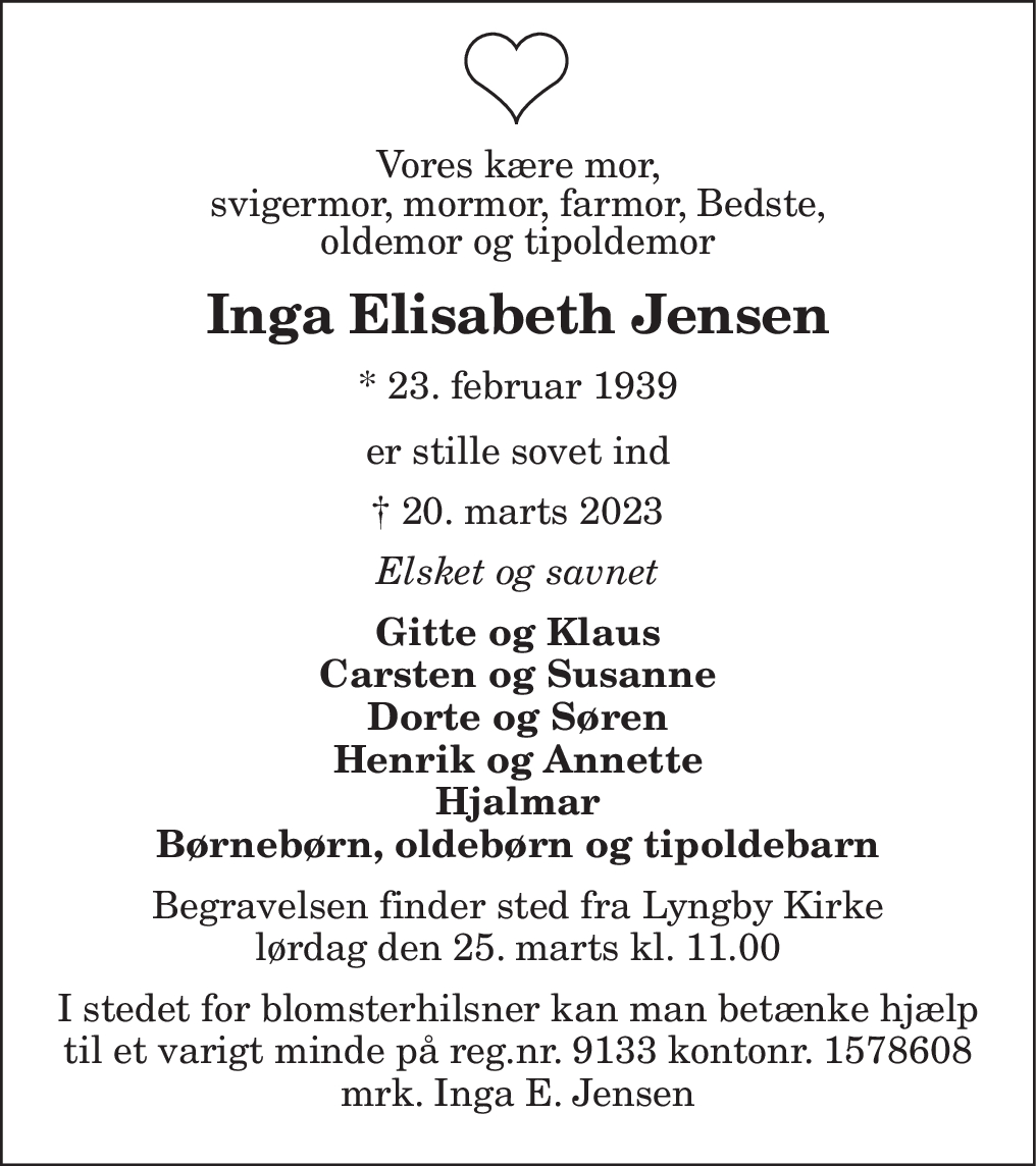 Dødsannonce for Inga Elisabeth Jensen | Nordjyske.dk Dødsannonce for Inga Elisabeth Jensen | Nordjyske.dk
