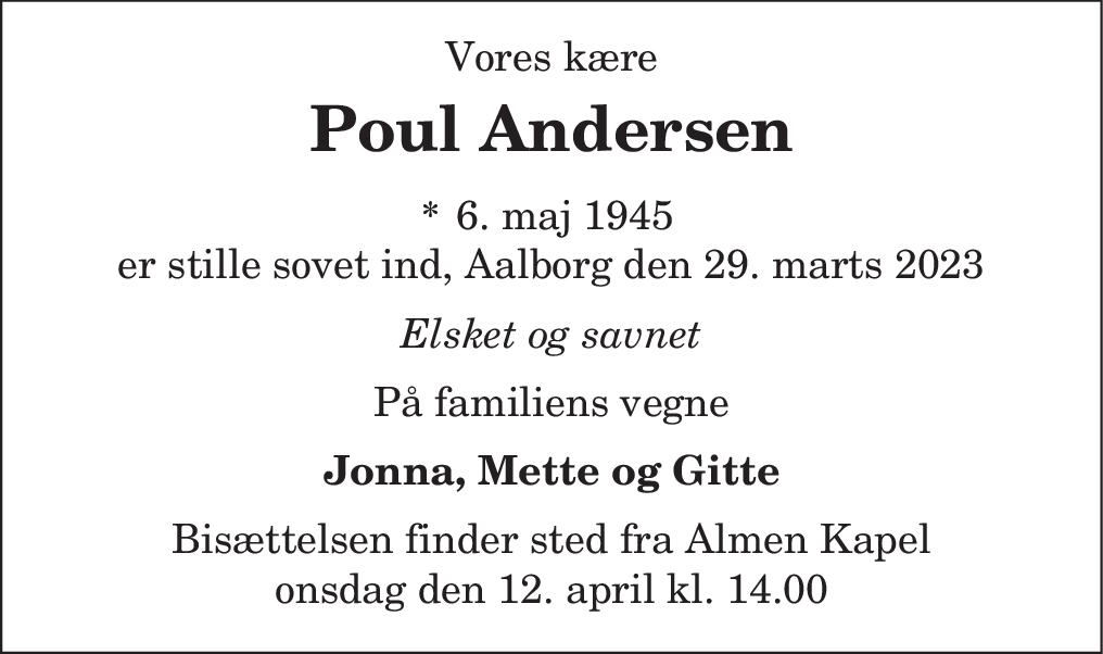 Dødsannonce for Poul Andersen | Nordjyske.dk