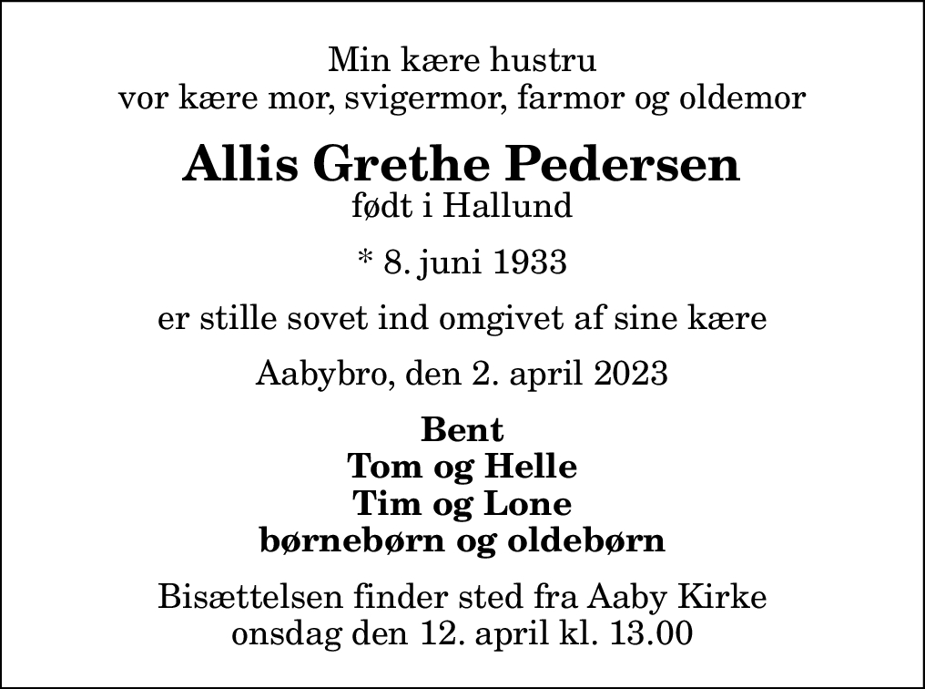 Dødsannonce for Allis Grethe Pedersen | Nordjyske.dk