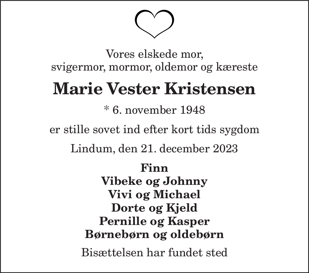 Dødsannonce for Marie Vester Kristensen | Nordjyske.dk
