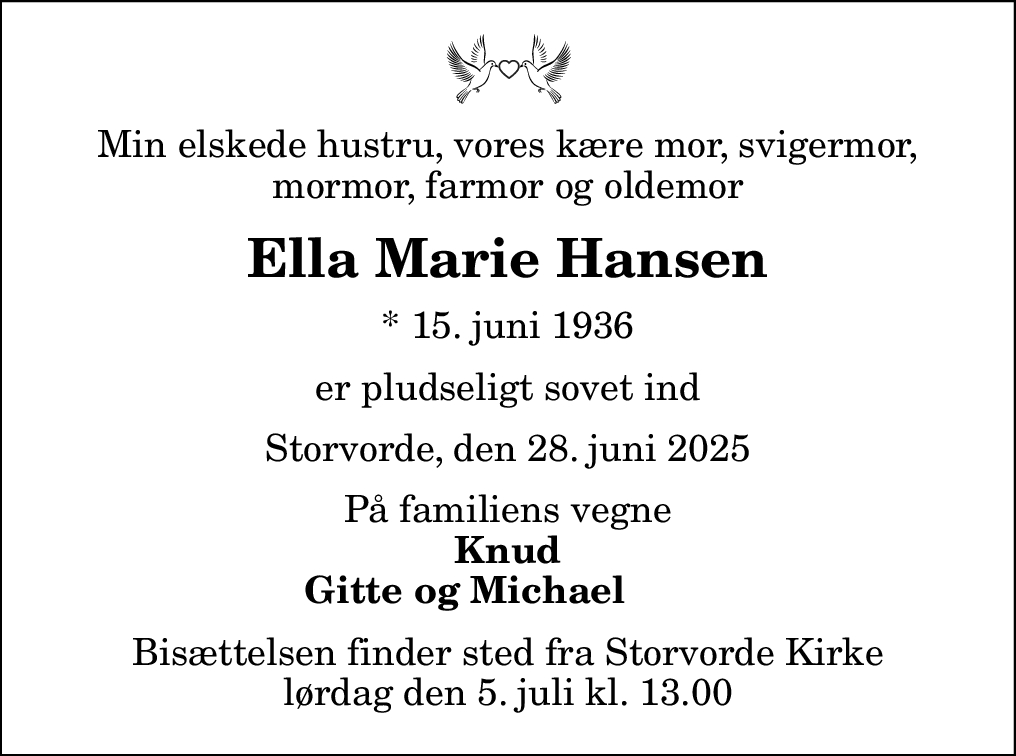 Dødsannonce for Ella Marie Hansen | Nordjyske.dk