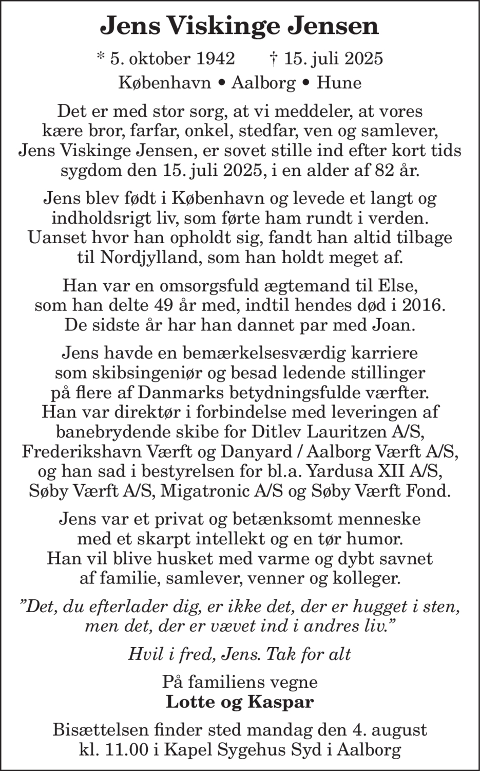 Dødsannonce for Jens Viskinge Jensen | Nordjyske.dk