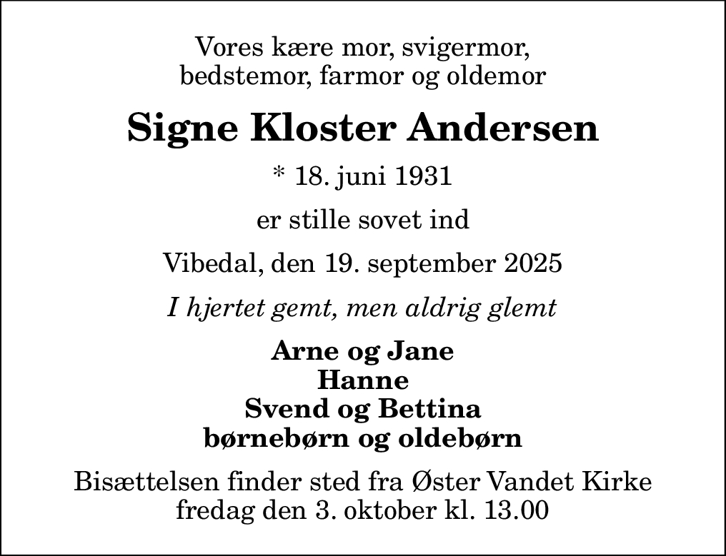 Dødsannonce for Signe Kloster Andersen | Nordjyske.dk