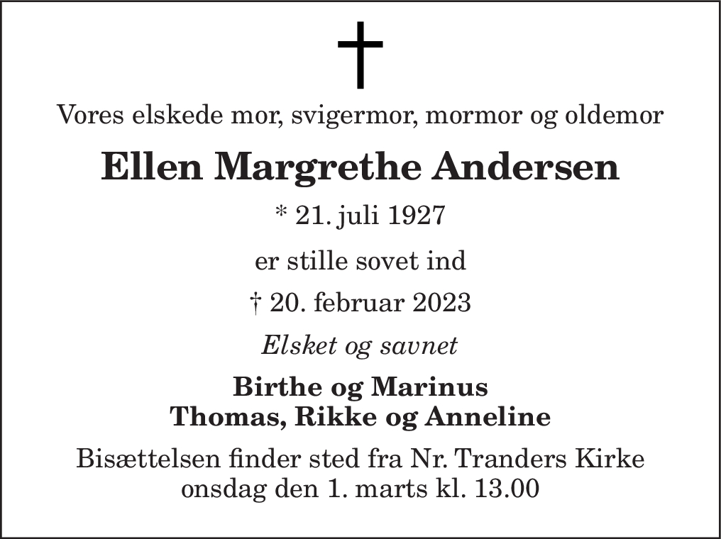 Dødsannonce for Ellen Margrethe Andersen | Nordjyske.dk